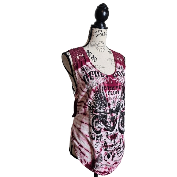 Vocal | Tops | Vocal Tie Dye Bling Motorcycle Tank Top Burgundy Crochet ...